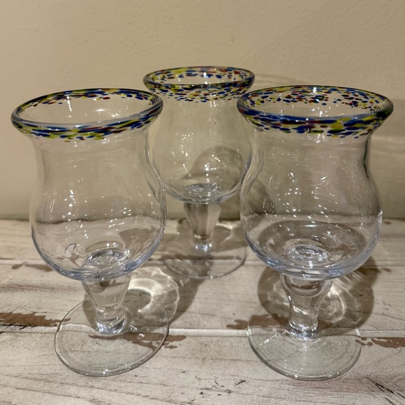 Dining | Set Of Three Handblown Mexican Glass Goblets With Colorful ...